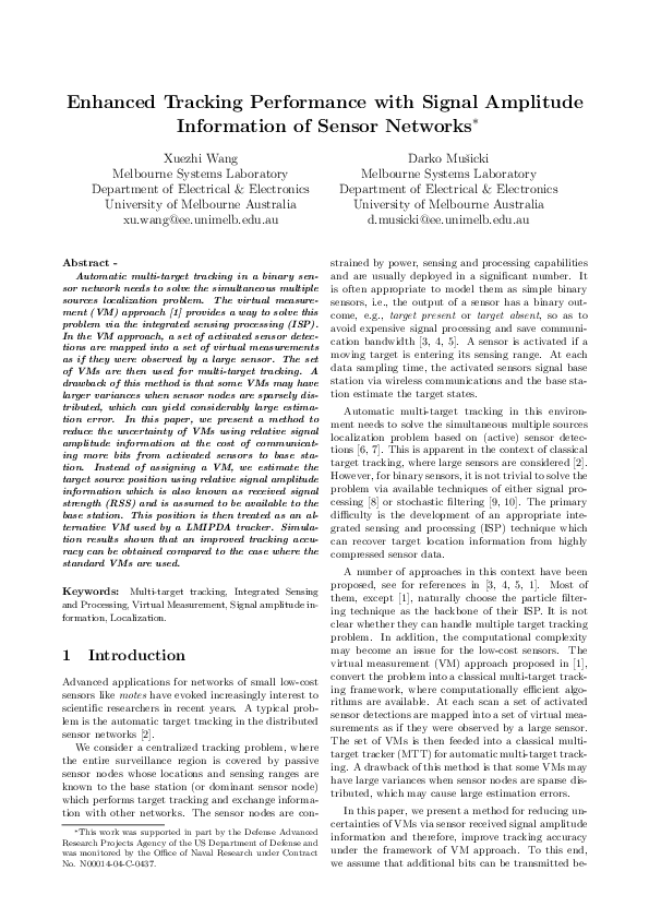 Pdf Enhanced Tracking Performance With Signal Amplitude Information Of Sensor Networks