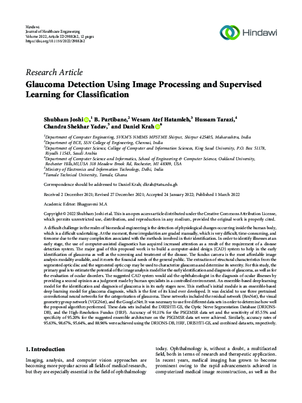 (PDF) Glaucoma Detection Using Image Processing and Supervised Learning for Classification