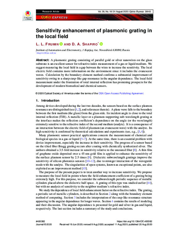(PDF) Sensitivity enhancement of plasmonic grating in the local field | Leonid Frumin - Academia.edu