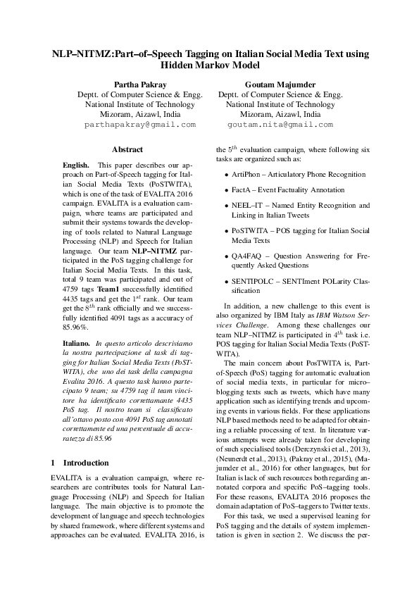 (PDF) NLP–NITMZ:Part–of–Speech Tagging on Italian Social Media Text using Hidden Markov Model