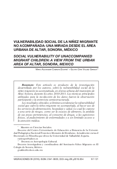 (PDF) Vulnerabilidad social de la niñez migrante no acompañada: una mirada desde el área urbana ...