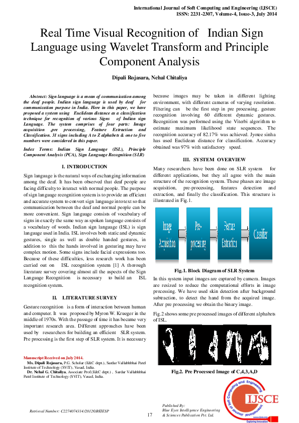 (PDF) Real Time Visual Recognition of Indian Sign Language using Wavelet Transform and Principle ...