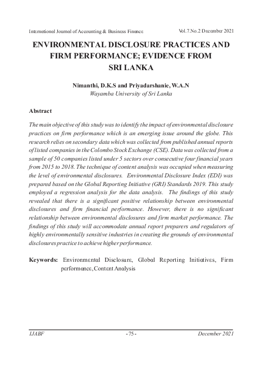 (PDF) ENVIRONMENTAL DISCLOSURE PRACTICES AND FIRM PERFORMANCE; EVIDENCE FROM SRI LANKA