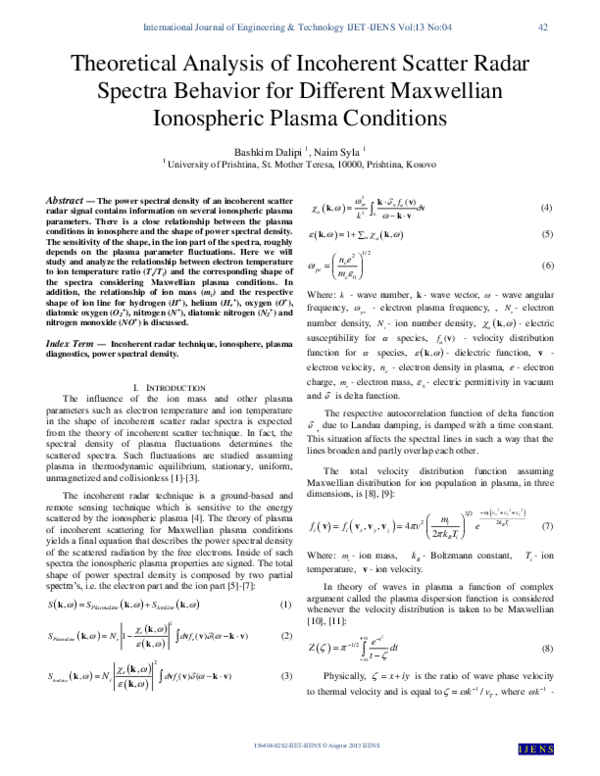 (PDF) Analysis of Incoherent Scatter Radar Spectra in Ionospheric Plasma