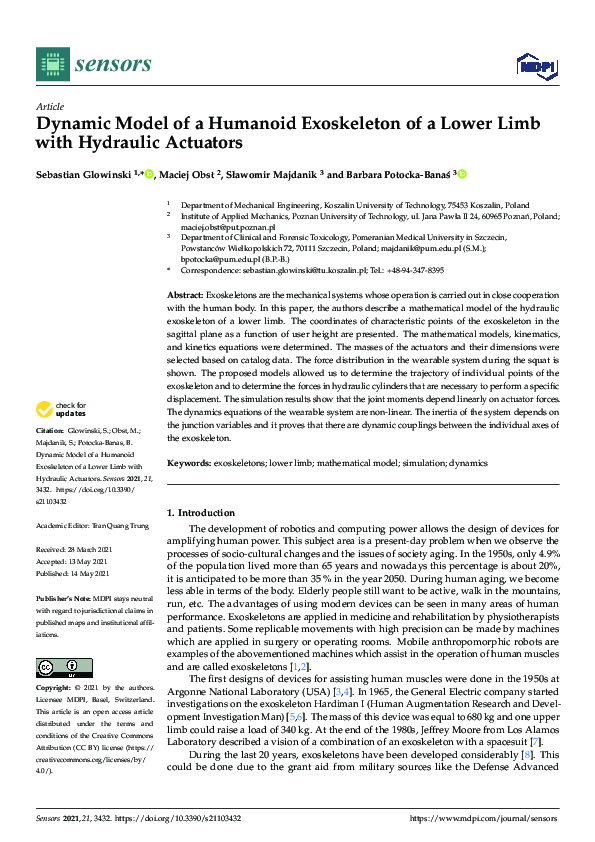 (PDF) Dynamic Model of a Humanoid Exoskeleton of a Lower Limb with Hydraulic Actuators
