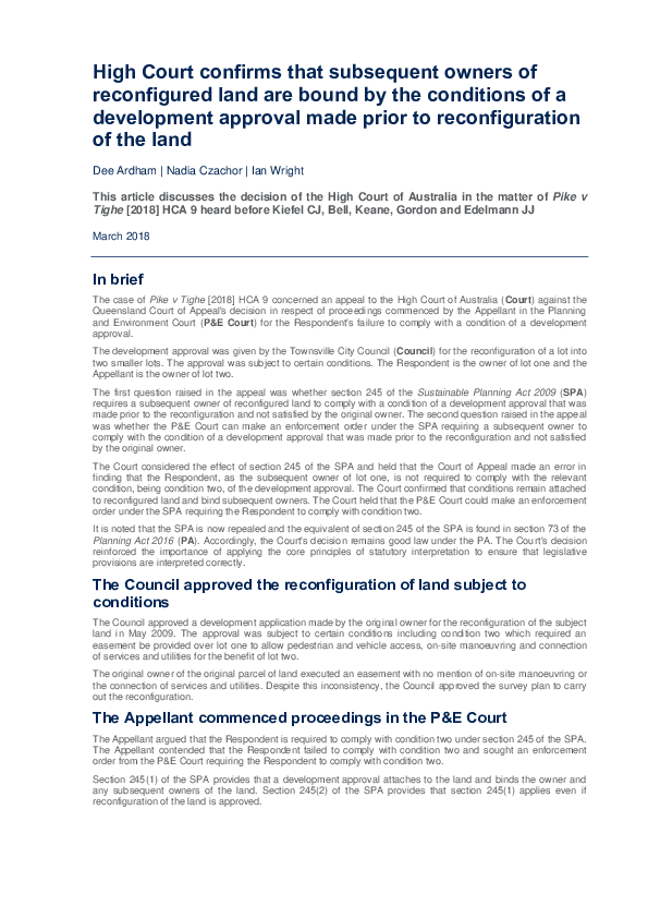 (PDF) High Court confirms that subsequent owners of reconfigured land ...