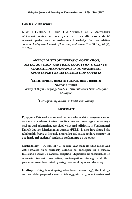 (PDF) Antecedents of Intrinsic Motivation, Metacognition and Their Effects on Students’ Academic ...