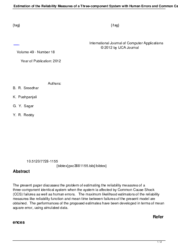 (PDF) Estimation of the Reliability Measures of a Three-component System with Human Errors and ...