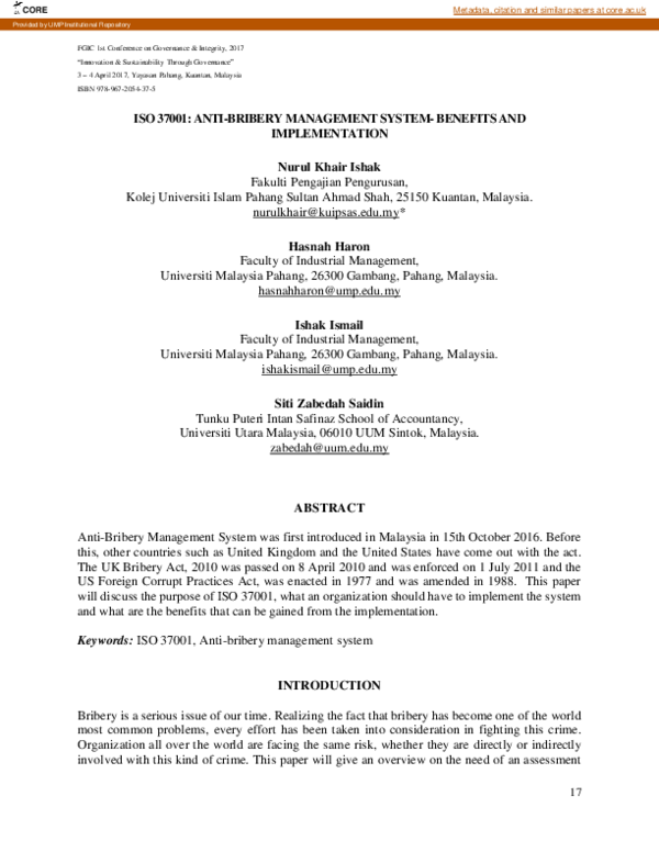 (PDF) ISO 37001: Anti-Bribery Management System-Benefits and Implementation