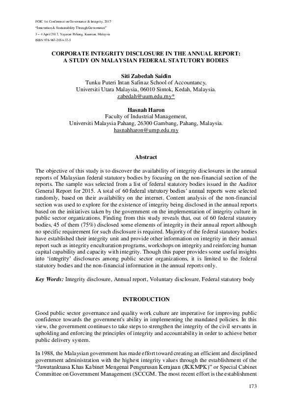(PDF) Corporate Integrity Disclosure in the Annual Report: A Study on ...