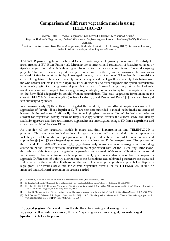 (PDF) Comparison of different vegetation models using TELEMAC-2D