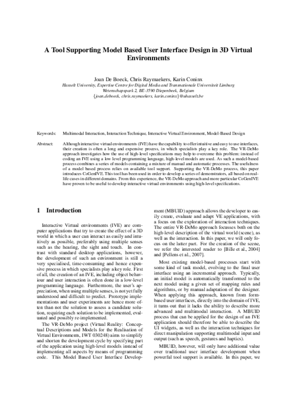 (PDF) A Tool Supporting Model Based User Interface Design in 3D Virtual Environments