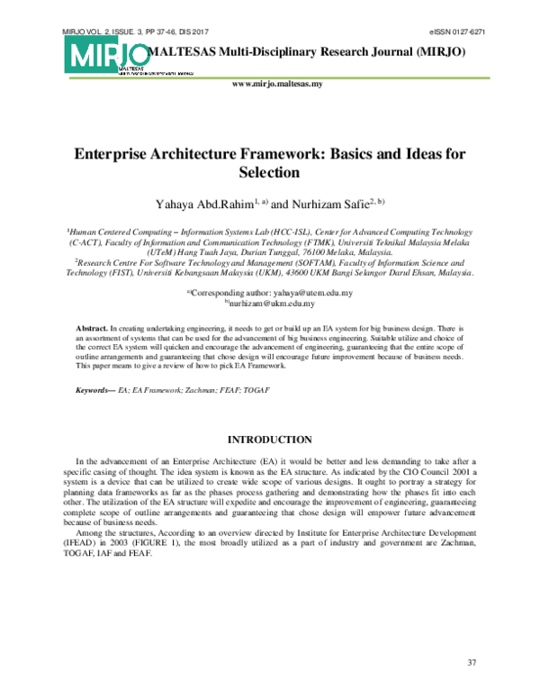 (PDF) Enterprise Architecture Framework: Basics and Ideas for Selection