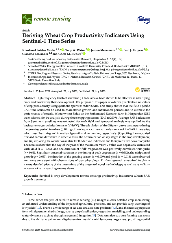 Pdf Deriving Wheat Crop Productivity Indicators Using Sentinel 1 Time