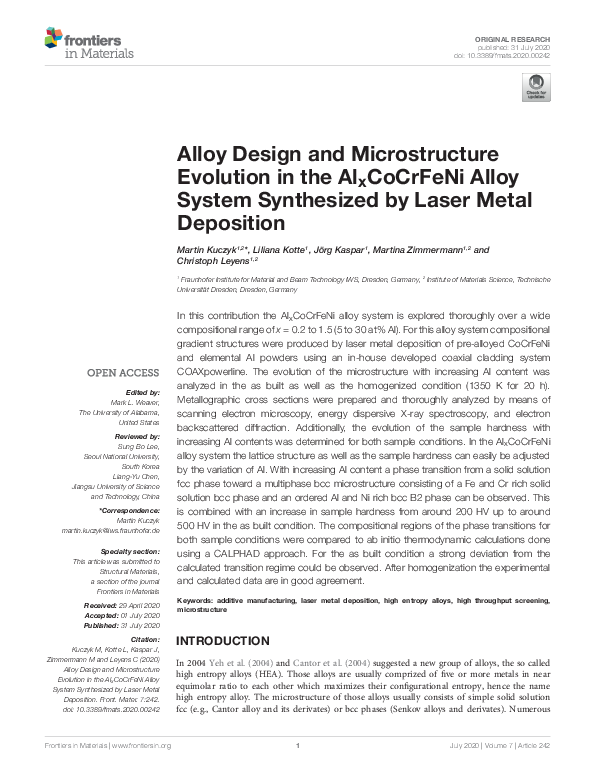 (PDF) Alloy Design and Microstructure Evolution in the Al x CoCrFeNi Alloy System Synthesized by ...
