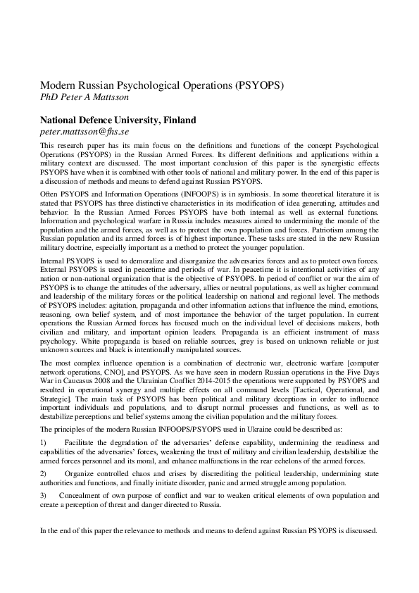 (PDF) Modern Russian psychological operations (PSYOPS)