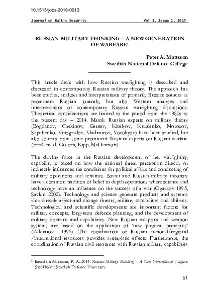 (PDF) Russian Military Thinking – A New Generation of Warfare
