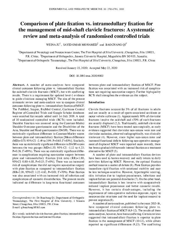 (PDF) Comparison of plate fixation vs. intramedullary fixation for the management of mid‑shaft ...
