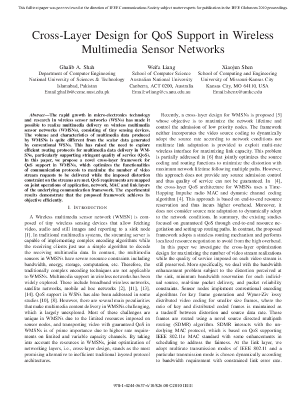 Pdf Cross Layer Design For Qos Support In Wireless Multimedia Sensor Networks Xiaojun Shen