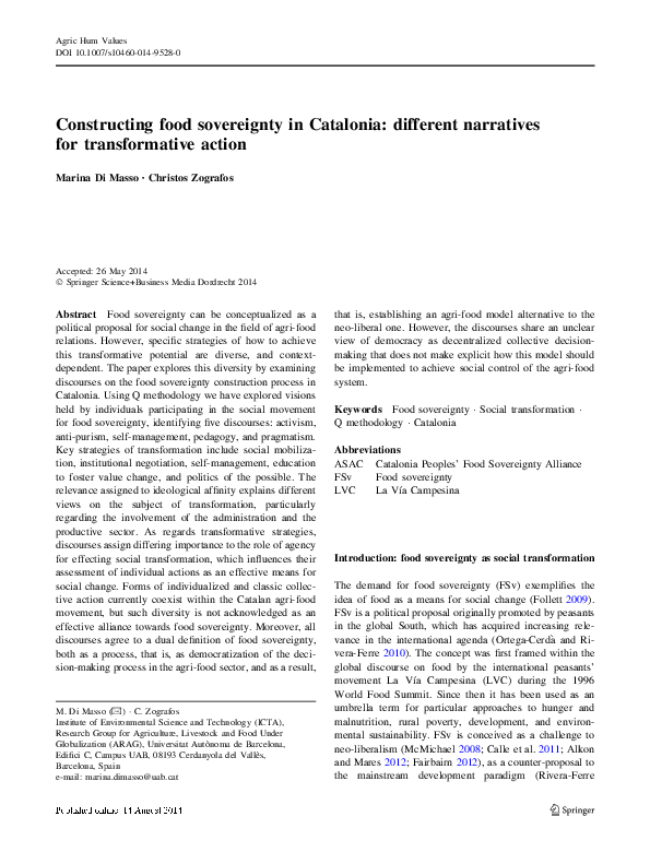 (PDF) Constructing food sovereignty in Catalonia: different narratives ...
