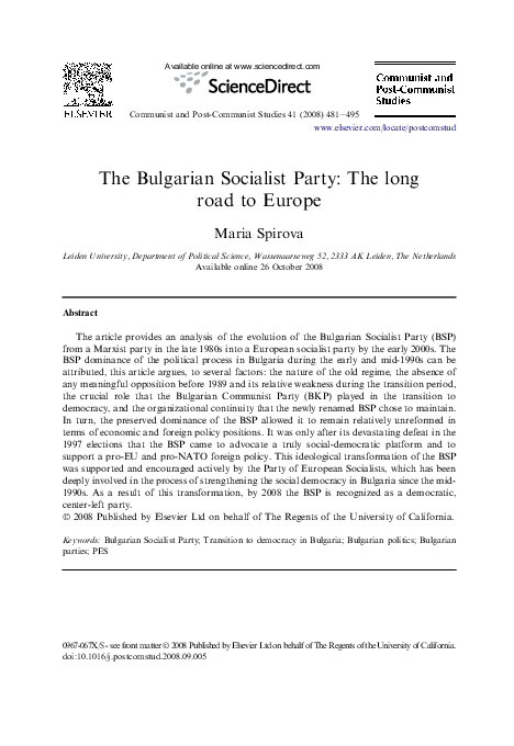(PDF) The Bulgarian Socialist Party: The long road to Europe | Maria ...
