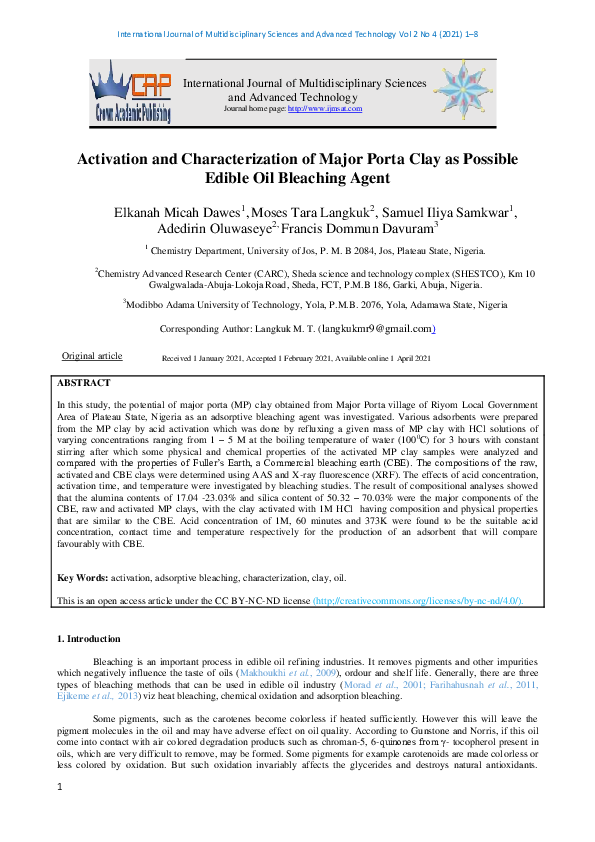 (PDF) Activation and Characterization of Major Porta Clay as Possible ...