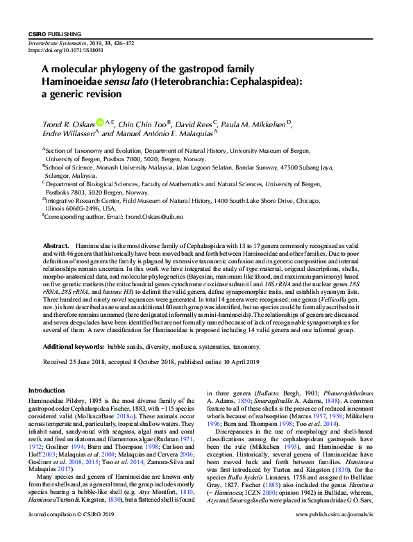 (PDF) A molecular phylogeny of the gastropod family Haminoeidae sensu lato (Heterobranchia ...
