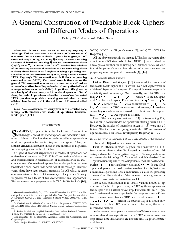 (PDF) A General Construction of Tweakable Block Ciphers and Different Modes of Operations
