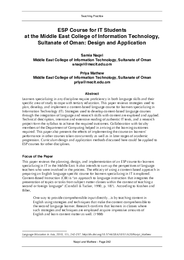 (PDF) ESP Course for IT Students at the Middle East College of ...