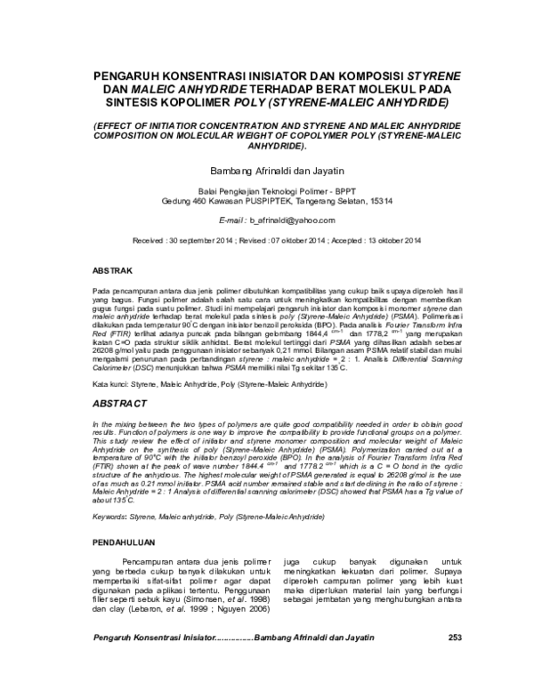 (PDF) Pengaruh Konsentrasi Inisiator Dan Komposisi Styrene Dan Maleic Anhydride Terhadap Berat ...