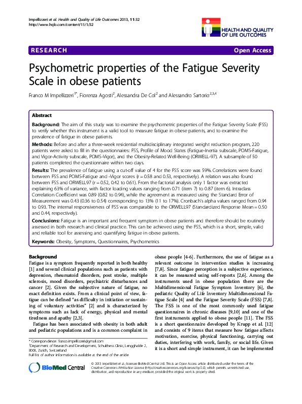 (PDF) Psychometric properties of the Fatigue Severity Scale in obese ...