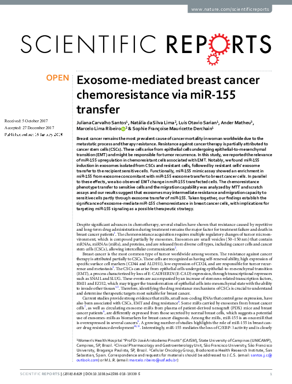(PDF) Exosome-mediated breast cancer chemoresistance via miR-155 transfer