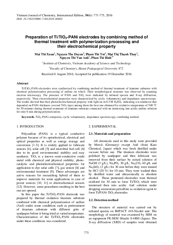 (PDF) Preparation of Ti/TiO2-PANi electrodes by combining method of ...