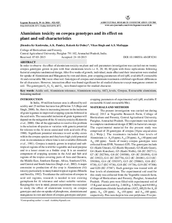 (PDF) Aluminium toxicity on cowpea genotypes and its effect on plant ...
