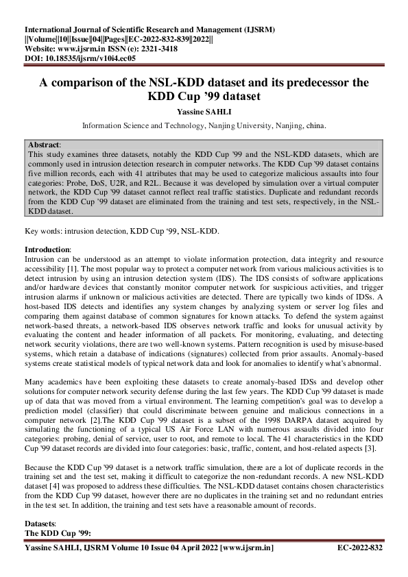 Pdf Comparison Of The Nsl Kdd Dataset And Its Predecessor The Kdd Cup
