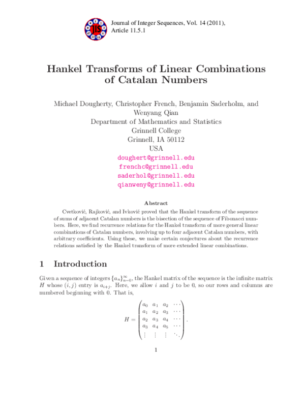 (PDF) Hankel transforms of linear combinations of Catalan numbers | Christopher French and ...