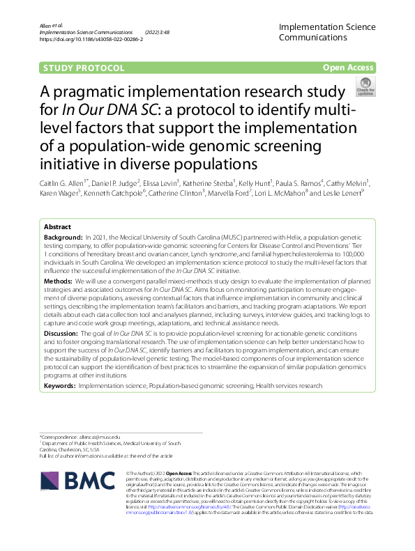 (PDF) A pragmatic implementation research study for In Our DNA SC: a protocol to identify multi ...