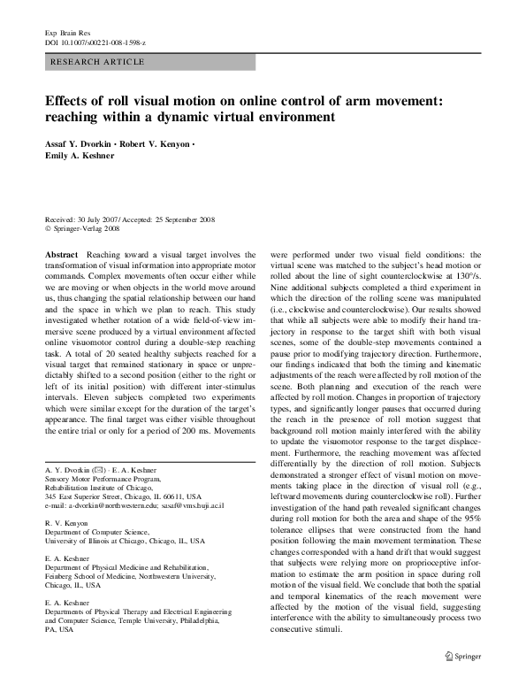 (PDF) Effects of roll visual motion on online control of arm movement ...