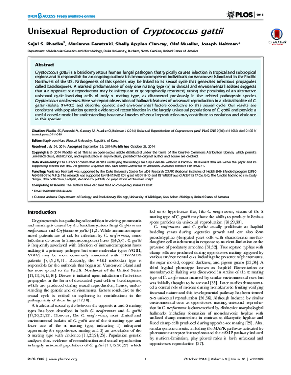 (PDF) Unisexual Reproduction of Cryptococcus gattii