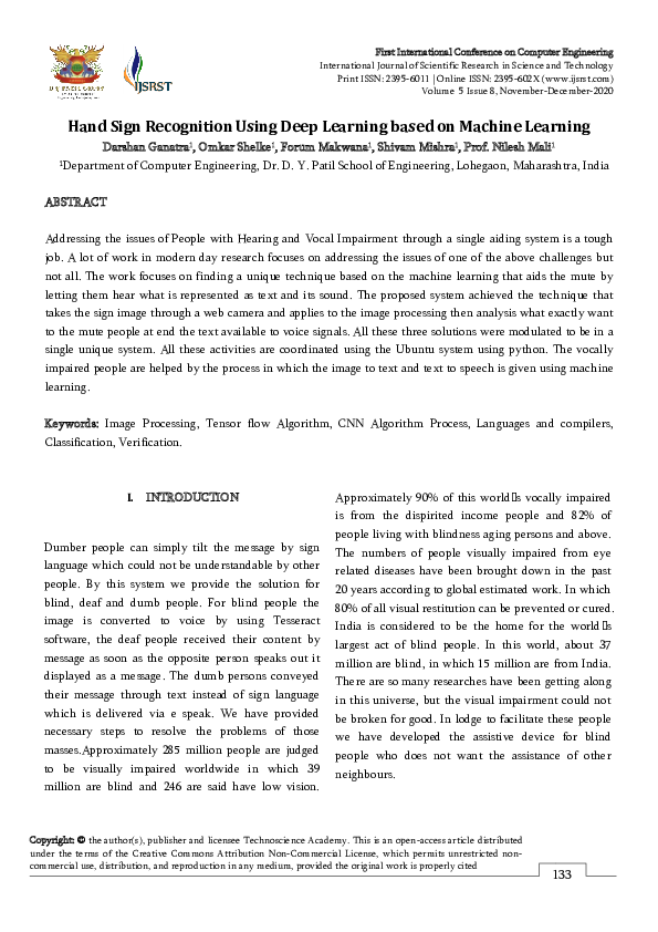 Pdf Hand Sign Recognition Using Deep Learning Based On Machine Learning