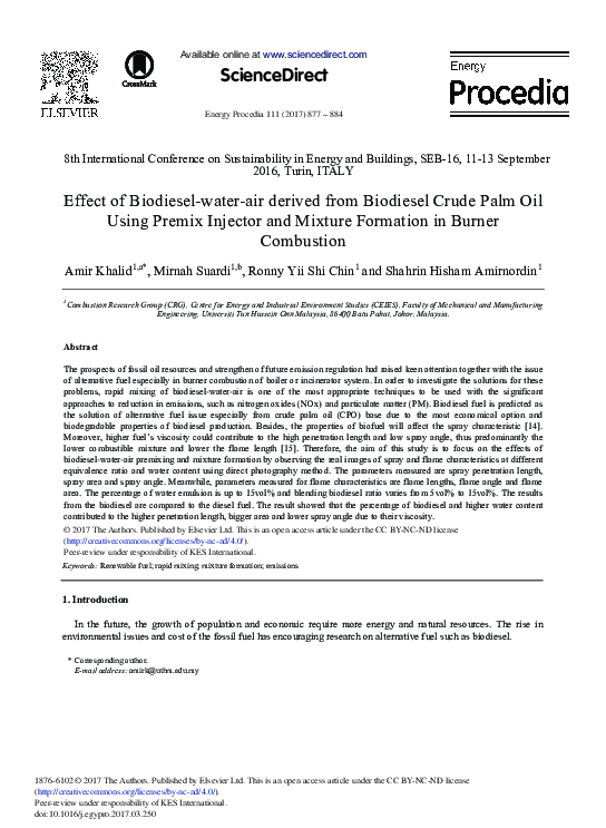 (PDF) Effect of Biodiesel-water-air Derived from Biodiesel Crude Palm Oil Using Premix Injector ...