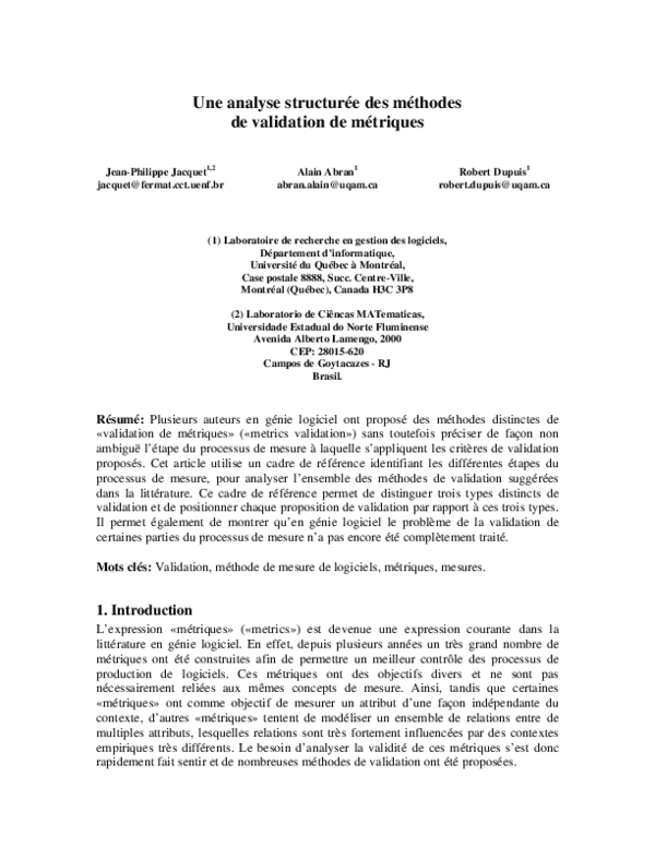 (PDF) Une analyse structurée des méthodes de validation de métriques