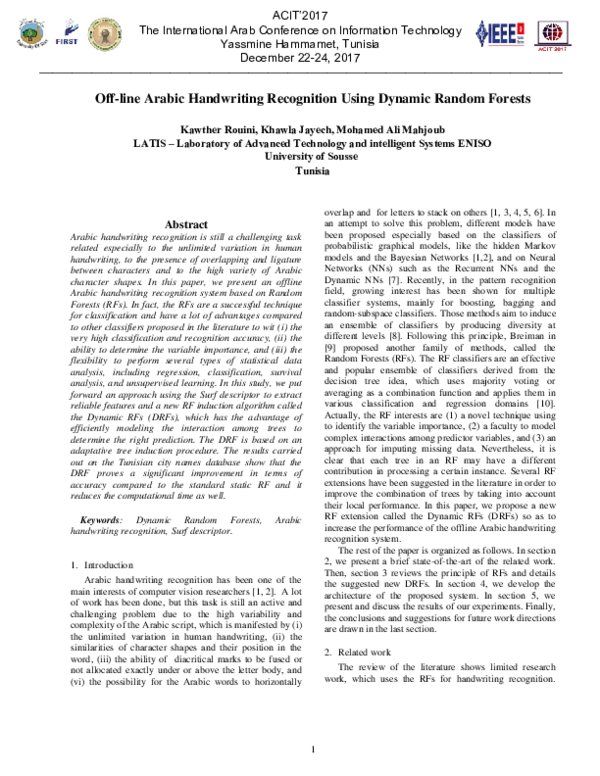 Pdf Off Line Arabic Handwriting Recognition Using Dynamic Random Forests