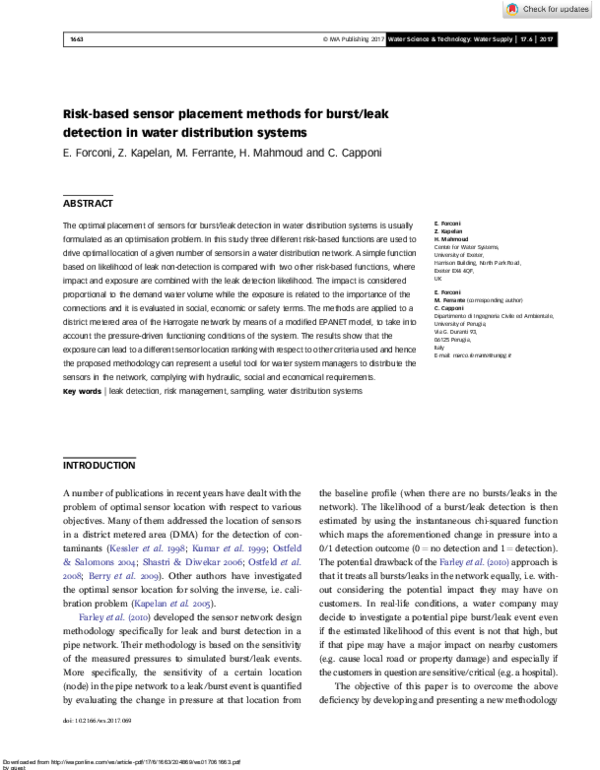 Pdf Risk Based Sensor Placement Methods For Burst Leak Detection In Water Distribution Systems