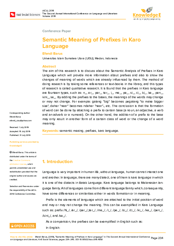 (PDF) Semantic Meaning of Prefixes in Karo Language