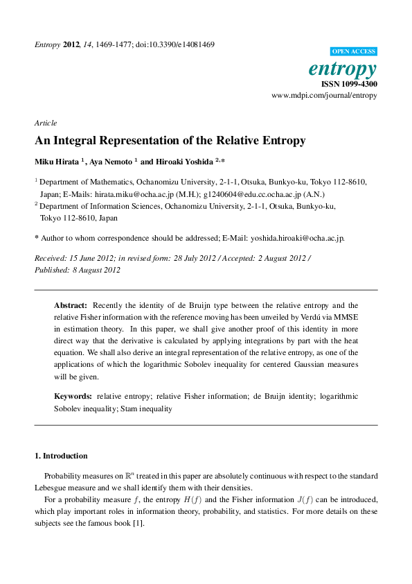 (PDF) An Integral Representation of the Relative Entropy