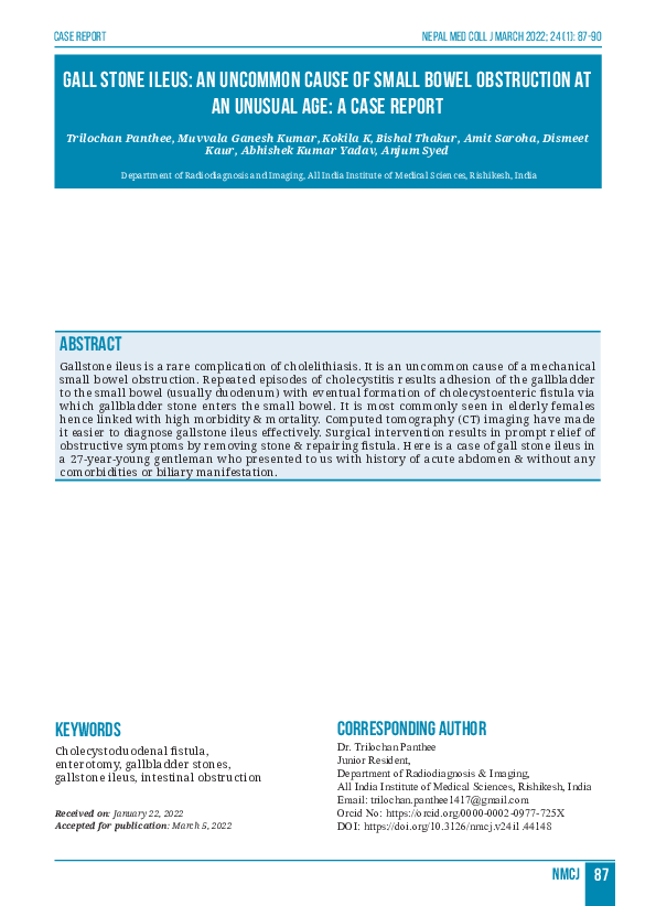 (PDF) Gall stone ileus: An uncommon cause of small bowel obstruction at ...