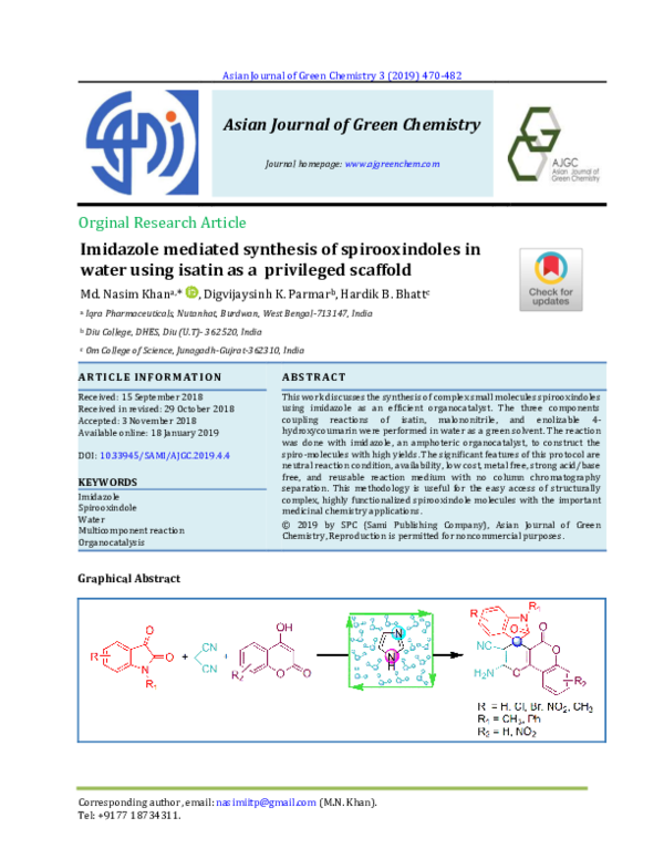 (PDF) Imidazole mediated synthesis of spirooxindoles in water using ...