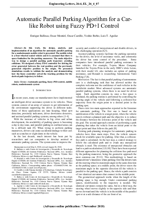(PDF) Automatic parallel parking algorithm for a car-like robot using fuzzy pd+i control