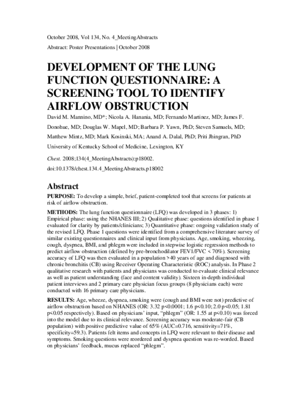 (PDF) Development of the Lung Function Questionnaire: A Screening Tool ...